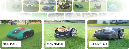 Tři doporučené robotické sekačky seřazené podle shody s požadavky – 98 %, 96 % a 93 %